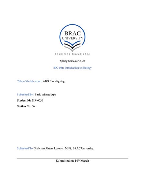 Bio 101 Lab Report Spring Semester 2023 BIO 101 Introduction To Biology Title Of The Lab