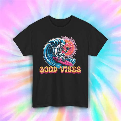 Hot Trending T Shirt With Good Vibes Skeleton Surfer T Shirt Retro