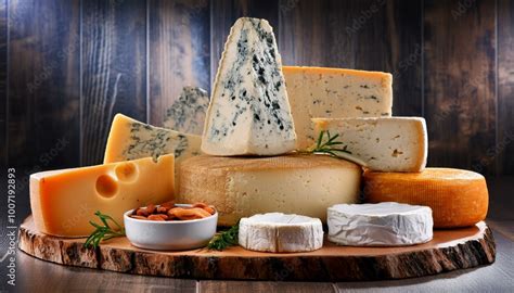 Assorted Cheeses Like Parmesan Camembert Cheddar Mozzarella And Brie In