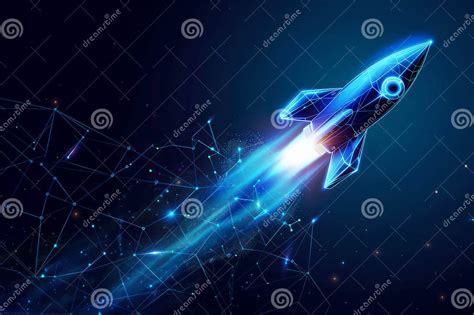 Rocket Launch Technology Mesh Line On Blue Background Stock