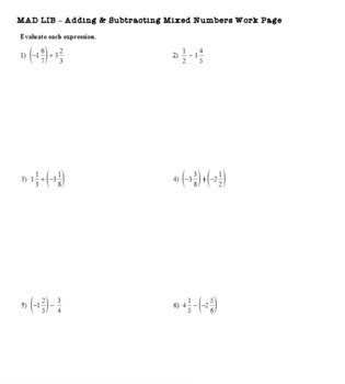 MAD LIB Add Subtract Mixed Numbers With Negatives Worksheets Library