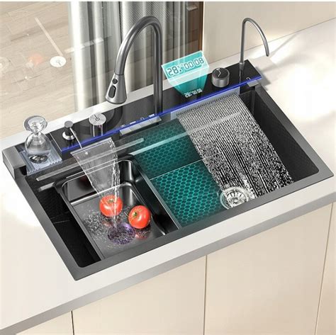 Anw Home Graphite Waterfall Top Mount Kitchen Sink 75x46 Cm Stainles