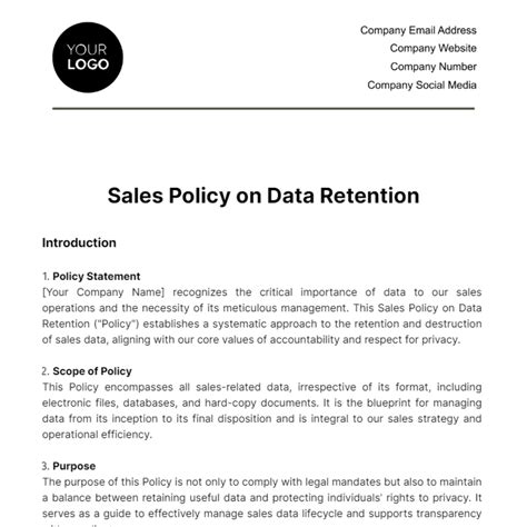 Free Sales Policy On Data Retention Template To Edit Online