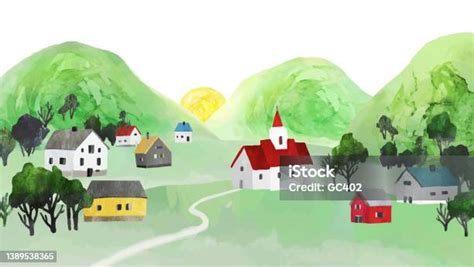 언덕 아늑한 집 교회와 일출 스칸디나비아 수평 수채화 풍경 포스터 엽서 배너에 대한 벡터 일러스트레이션 수채화에 대한 스톡 벡터 아트 및 기타 이미지 Istock