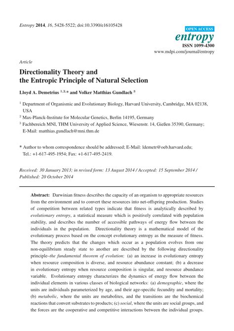 Pdf Directionality Theory And The Entropic Principle Of Natural Selection