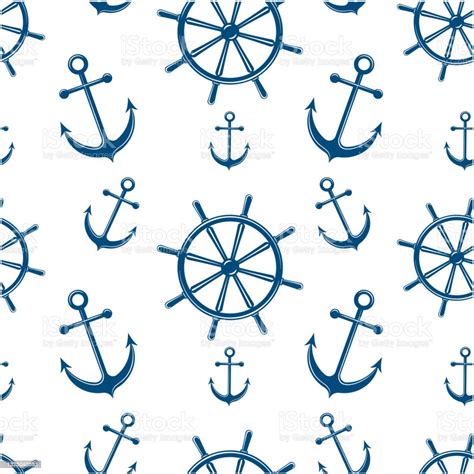 바다 선의 앵커와 스티어링 휠이 있는 투명한 배경의 매끄러운 패턴 파란색에 대한 스톡 벡터 아트 및 기타 이미지 파란색 항해 선박 0명 Istock