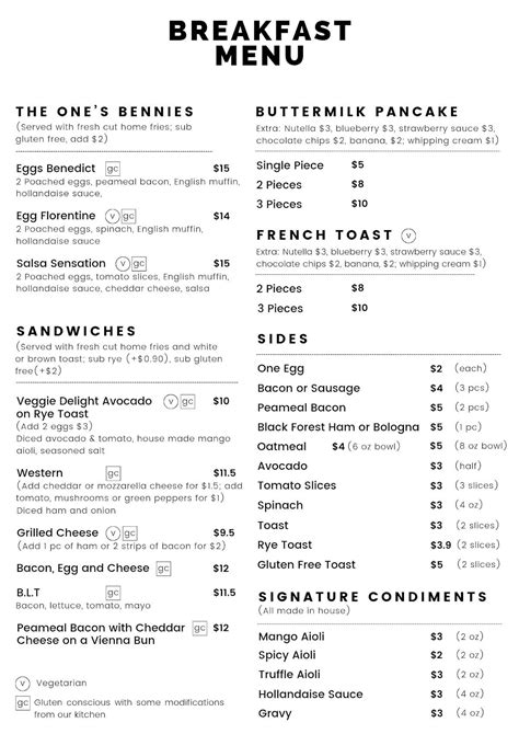 Menu Au The One Restaurant Saugeen Shores