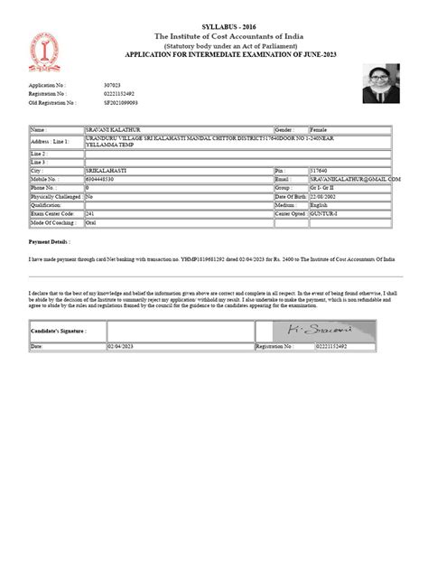 K Sravani Exam Aplication Pdf