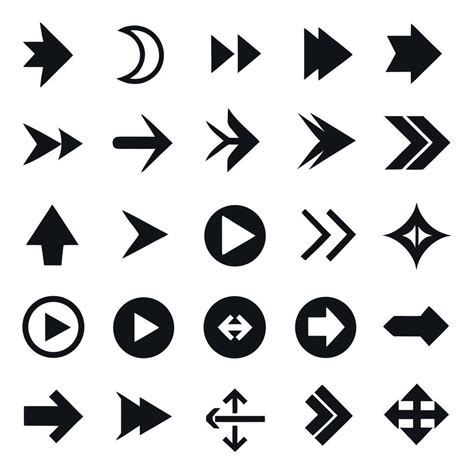 Collection Of Various Black Arrow Icons And Symbols Representing Direction Navigation Play And