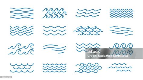 물결 모양의 선 간단한 곡선 수면 표지판 줄무늬 및 스트로크 요소 부드럽고 소용돌이 치는 상징적 파도 푸른 바다 기호 최소한의 아쿠아 장식 벡터 바다 잔물결 세트 강에 대한