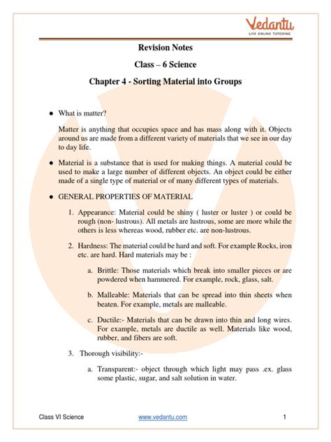 Class 6 Science Chapter 4 Revision Notes Pdf Water Ductility