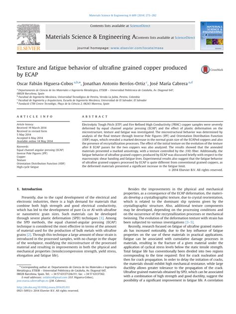 Pdf Texture And Fatigue Behavior Of Ultrafine Grained Copper Produced