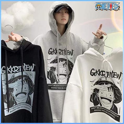 เสื้อกันหนาวแขนยาว มีฮู้ด ทรงหลวม ลายการ์ตูนอนิเมะ One Piece Luffy แฟชั่นสําหรับผู้ชาย Shopee