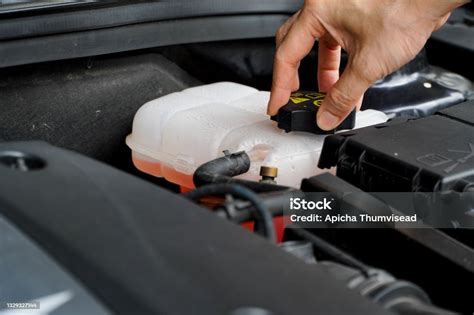 정비사는 분홍색 부동액으로 확장 탱크를 검사합니다 차량의 라디에이터 시스템의 차량 냉각수 레벨 자동차 부품 검사 보기에 대한