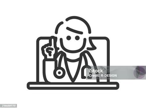 Pc에서 온라인 진료 중에 설명하는 여성 의사의 아이콘의 일러스트 건강 진단에 대한 스톡 벡터 아트 및 기타 이미지 건강 진단 건강관리와 의술 교습 Istock