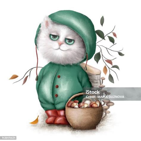 가을이 왔습니다 버섯 바구니가있는 귀여운 버섯 피커 고양이의 낙서 그림 티셔츠 인쇄 포스터 또는 카드에 사용할 수 있습니다 10