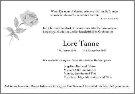 Traueranzeigen Von Lore Tanne Sich Erinnernde