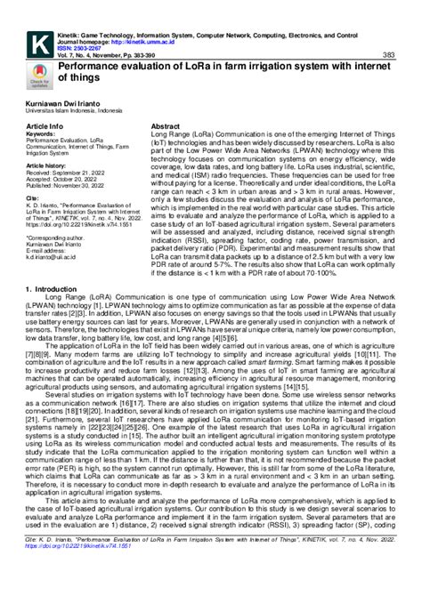 Pdf Performance Evaluation Of Lora In Farm Irrigation System With Internet Of Things