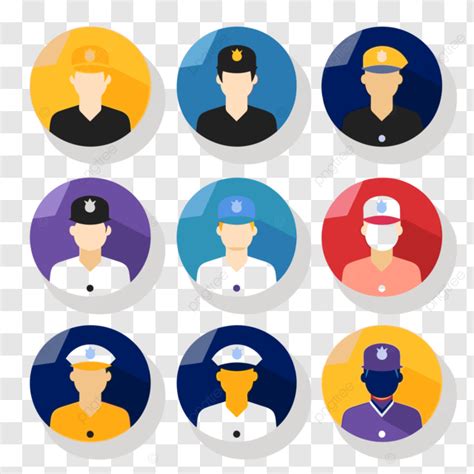 경찰 아이콘은 모자와 모자를 쓴 다른 사람들과 함께 설정된 평면 아이콘을 설정합니다 벡터 흰색 배경에 경찰의 단순한 다채로운 아이콘 그림자 없음 작은 프레임 중앙