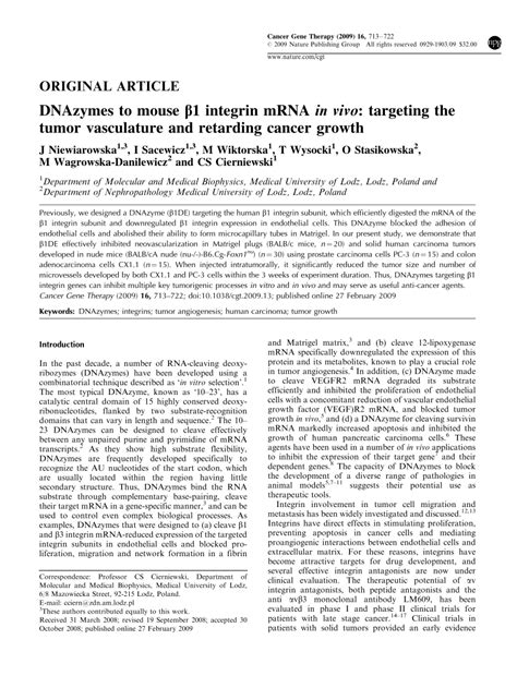 Pdf Dnazymes To Mouse 1 Integrin Mrna In Vivo Targeting The Tumor Vasculature And Retarding