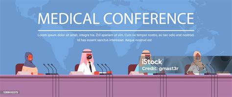 의학 회의 의학 헬스케어에 마이크와 트리뷴에서 연설을하는 아랍어 의사의 팀 Brand Name Online Messaging Platform에 대한 스톡 벡터 아트 및 기타