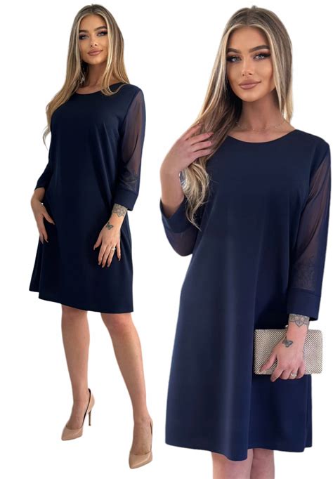 Granatowa Klasyczna Elegancka Kobieca Sukienka Rozmiar 48