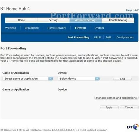 Simple BT Home Hub Router Port Forwarding