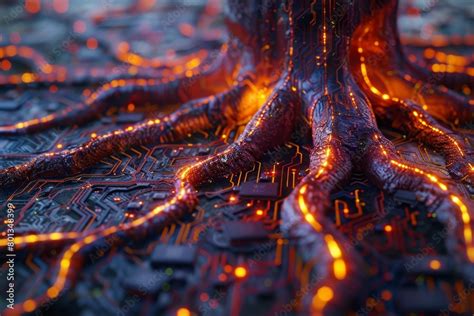 Digital Roots Sprawling Over A Circuit Board Symbolizing The Confluence Of Organic Growth And