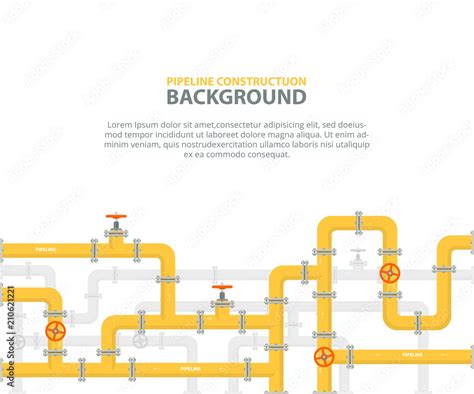 Industrial Background With Yellow Pipeline Oil Water Or Gas Pipeline With Fittings And Valves