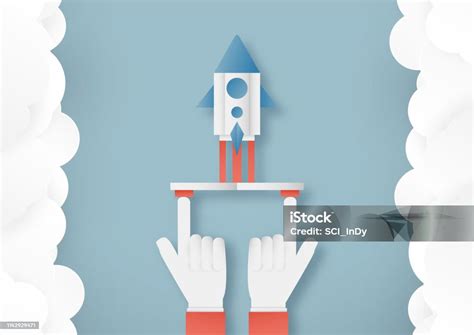 종이 절단 공예 및 종이 접기 스타일에서 시작 개념 벡터 일러스트 레이 션 로켓은 파란 하늘을 날고 있다 웹 배너 포스터 표지