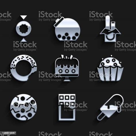 접시 초콜릿 바 아이스크림 컵 케이크 쿠키 또는 비스킷 도넛 및 사탕 아이콘에 케이크를 설정합니다 벡터 검은색에 대한 스톡 벡터 아트 및 기타 이미지 Istock