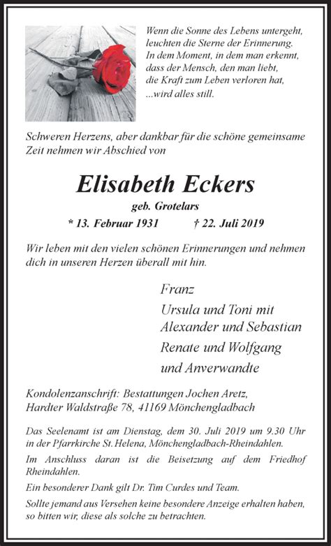 Traueranzeigen Von Elisabeth Eckers Trauer Und Gedenken