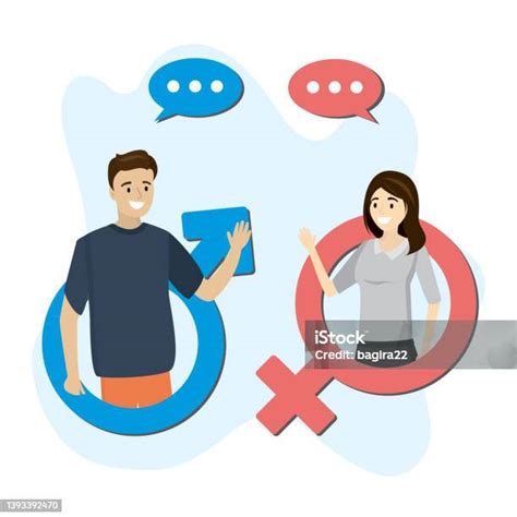 성별 기호의 백인 남성과 여성 캐릭터 사람들이 이야기합니다 양성 평등 개념 배너 사랑 커플 의사 소통 관계 귀여운 만화 인간 개념에 대한 스톡 벡터 아트 및 기타 이미지
