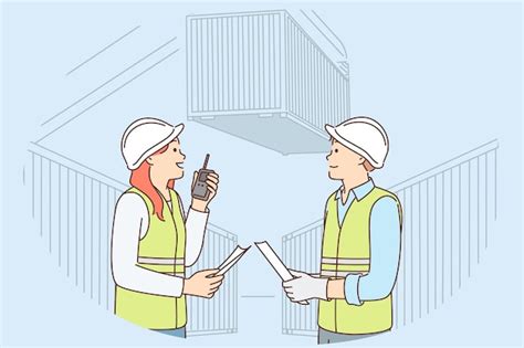 Premium Vector Man And Woman Work In Container Port And Use Walkietalkie To Negotiate With