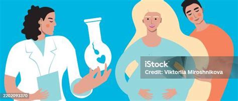 임신 한 여자와 행복 한 커플 체외 수정 보조 임신 평면 벡터 스톡 일러스트 Ivf에 대 한 의사와 가족 상담 가족에 대한 스톡 벡터 아트 및 기타 이미지 Istock