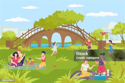 공원 강에서 활동 레저 행복한 가족 사람들이 자연 벡터 일러스트에서 걸어 야외 여름 라이프 스타일 건강한 녹색 잔디 가족에 대한 스톡 벡터 아트 및 기타 이미지 Istock