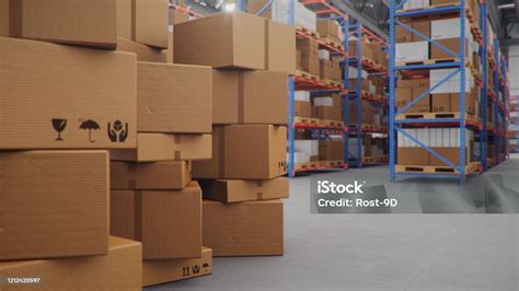 창고 물류 센터의 중간에 골판지 상자 거대한 현대 창고 선반에 골판지 상자로 가득 찬 창고 상자는 팔레트에 서있다 교통 시스템 3d 일러스트레이션 판지 상자에 대한 스톡