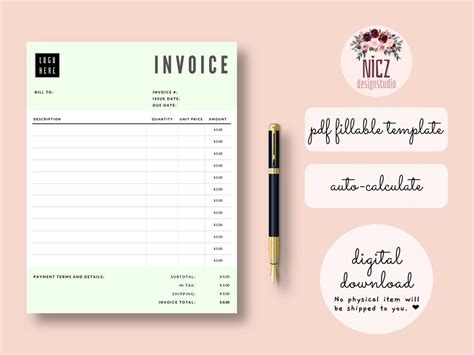 Invoice Template Fillable PDF Template Editable Invoice Auto Calculate Printable Fillable