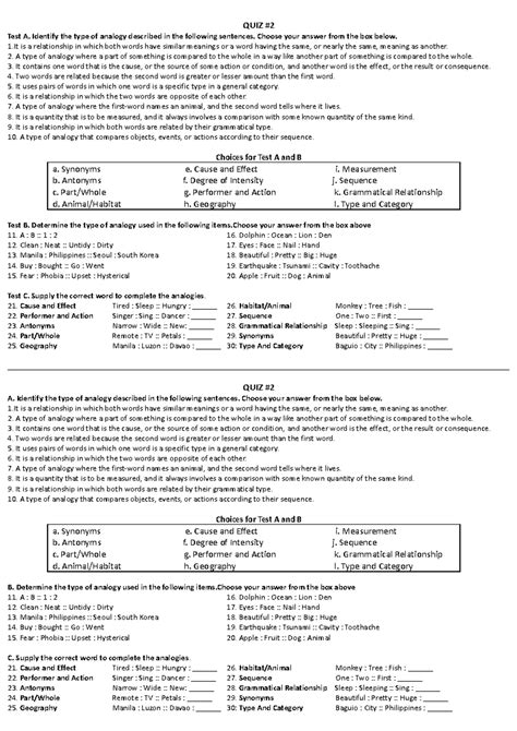Quiz On Analogy Analogy Quiz Test A Identify The Type Of Analogy