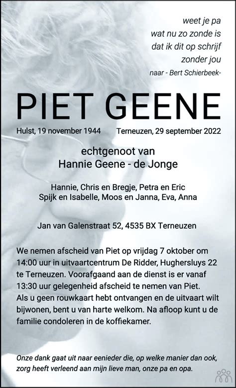 Piet Geene 29 09 2022 Overlijdensbericht En Condoleances Mensenlinqnl