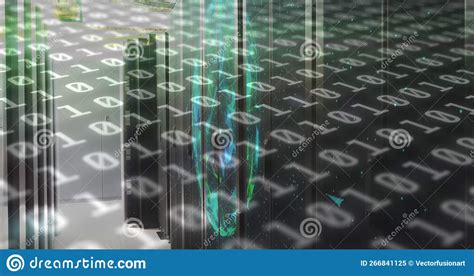 image of binary code and shapes over servers stock illustration