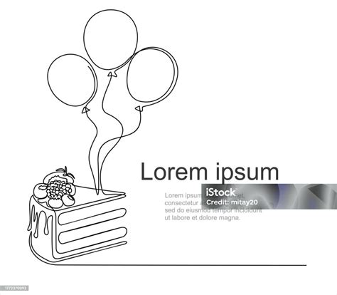 생일 케이크 조각과 풍선의 연속 선 그리기입니다 생일 축하 개념 고립된 통하고 있는 백색 배경 따옴표 템플릿이 있는 그림입니다 컵케이크에 대한 스톡 벡터 아트 및 기타