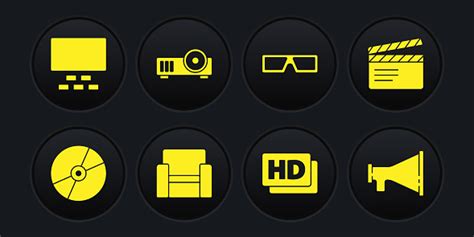 Cd 또는 Dvd 디스크 무비 클래퍼 시네마 의자 Hd 무비 테이프 프레임 3d 시네마 안경 미디어 프로젝터 메가폰 및 좌석 아이콘이 있는 강당을 설정합니다 벡터 0명에