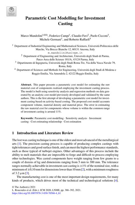Pdf Parametric Cost Modelling For Investment Casting