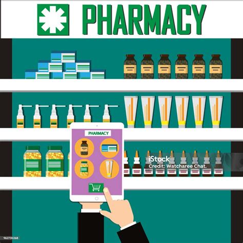 tampilkan detail obat di layar smartphone apotek interior modern atau