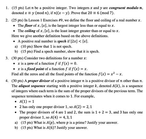 1 15 pts let n be a positive integer two integers x and y are congruent modulo n denoted x