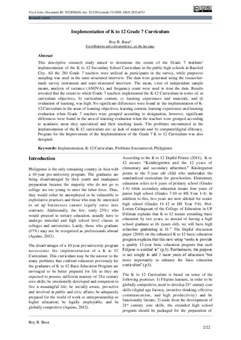 Pdf Implementation Of K To 12 Grade 7 Curriculum