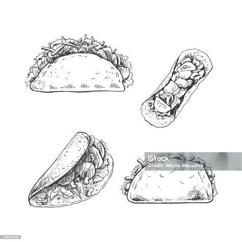 타코 세트 멕시코 전통 음식의 손으로 그린 스케치 삽화 상단 전면 투시도 포도 수확 라벨 포장 및 엽서 디자인을위한 요소 개념에