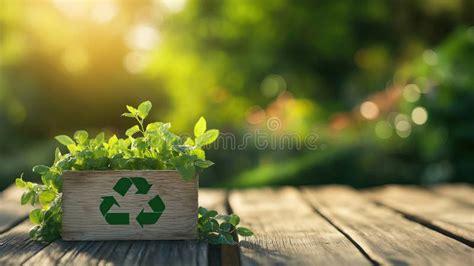 Wooden Pot With Recycling Icon On Wooden Desk Background Is Blurred