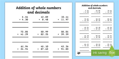Adding Whole Numbers And Decimals Worksheet To Two Places